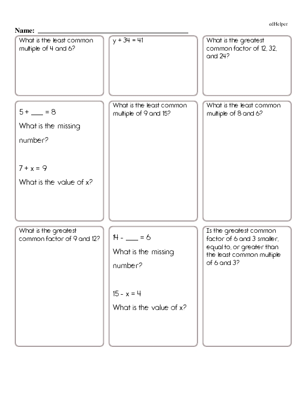 Finding Missing Numbers in an Equation, Multiples, and Factors Practice