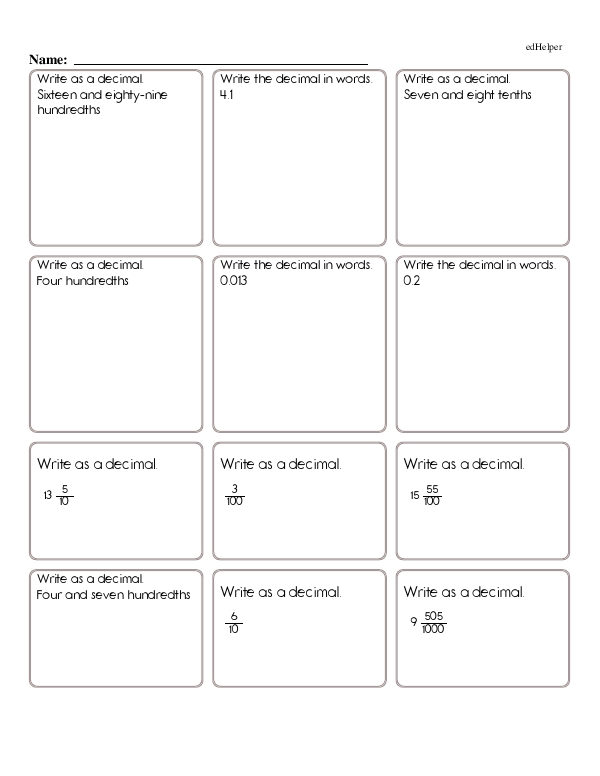 Math Review Worksheet With Word Problems, Writing Decimals, and More