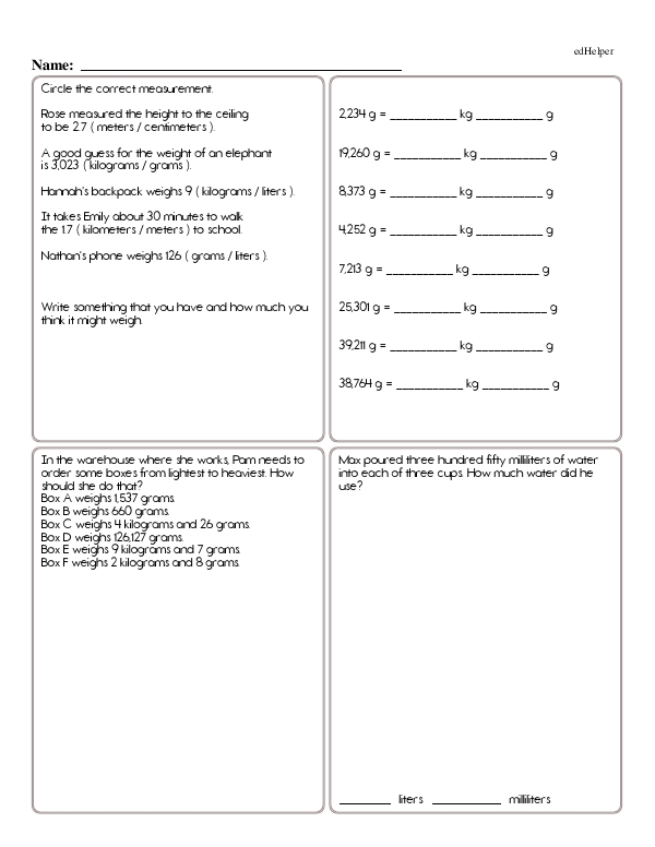Metric Length, Mass, and Volume (Math Chapter Workbook)