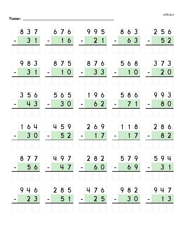 Subtraction up to 1,000 (Math Chapter Workbook)