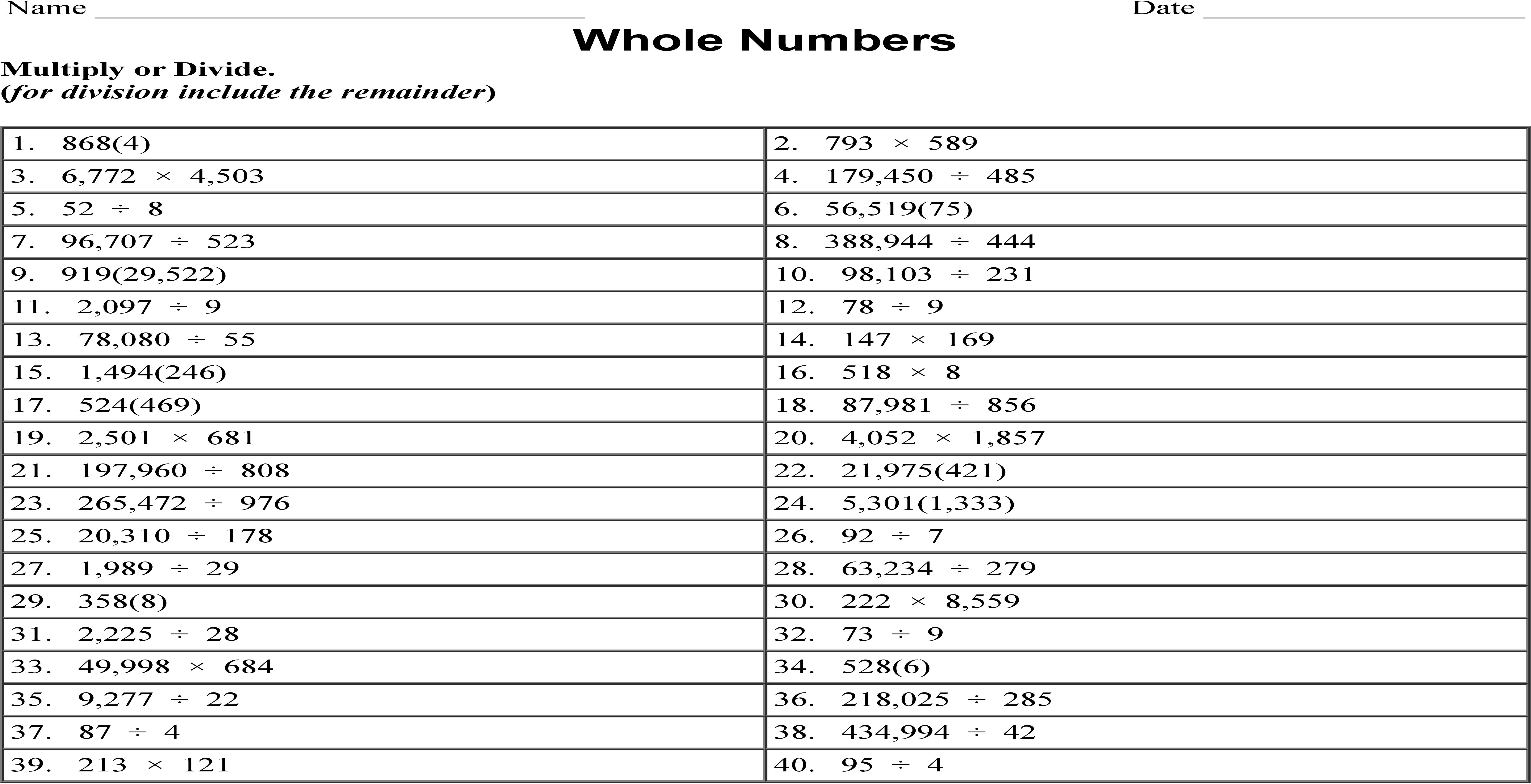 Whole Numbers: Advanced Multiplication and Division with Remainders